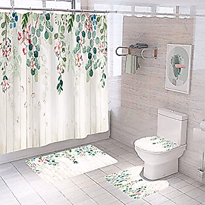 Mightree Bathroom Shower Curtains 4 PCS Set, Waterproof Fabric Bathroom Curtain with 12 Hooks, Toilet Lid Cover and Bath Mat, Non-Slip Rug Foot mat, Pink Flower, Medium