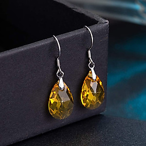 Teardrop Austrian Crystal Drop Dangle Earrings for Women 925 Sterling Silver Hook Hypoallergenic Earring (Yellow)