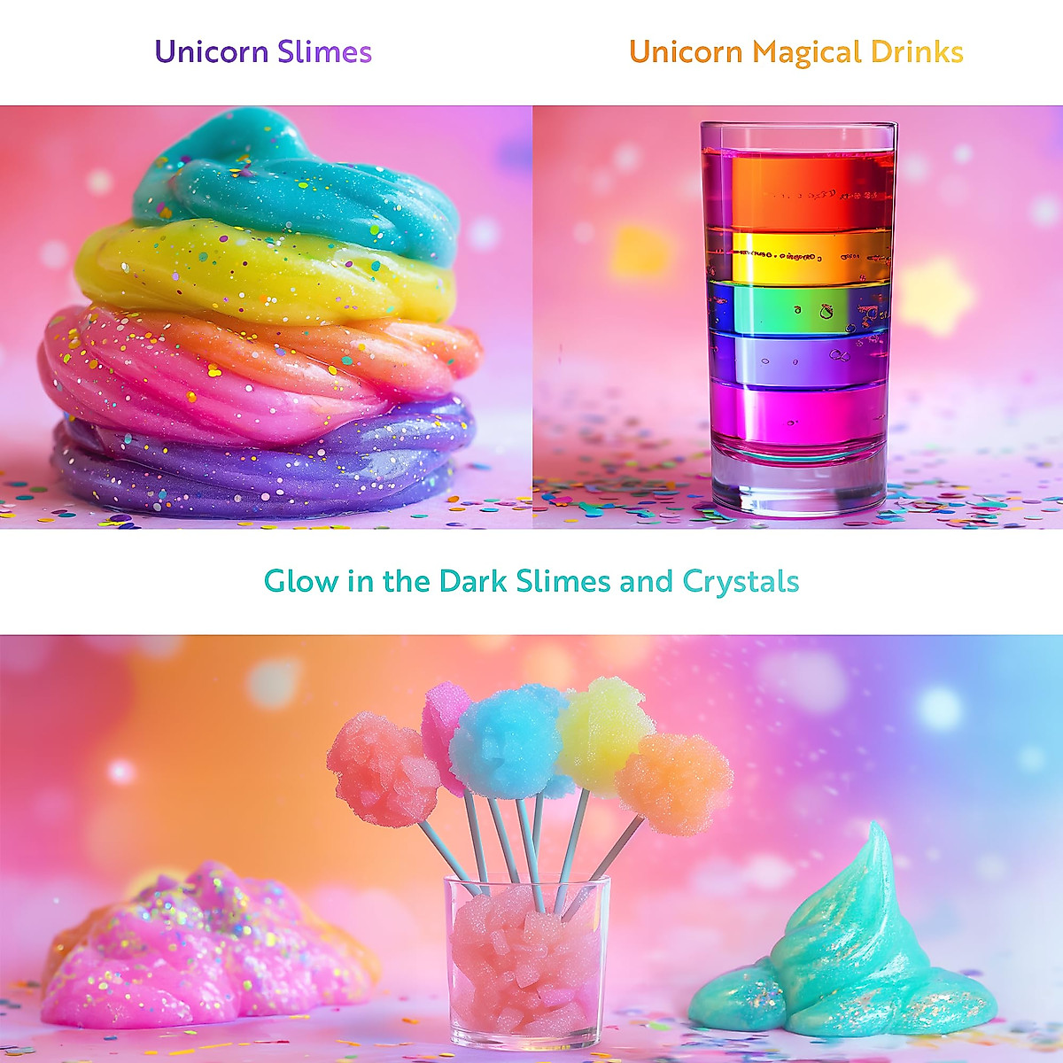 Playz Unicorn Slime & Crystals 100+ Science Experiments Kit Gift for Girls & Boys to Make Glow in The Dark Unicorn Poop, Snot, Fluffy Slime, Crystals, Putty, Arts & Crafts for Kids Age 8-12