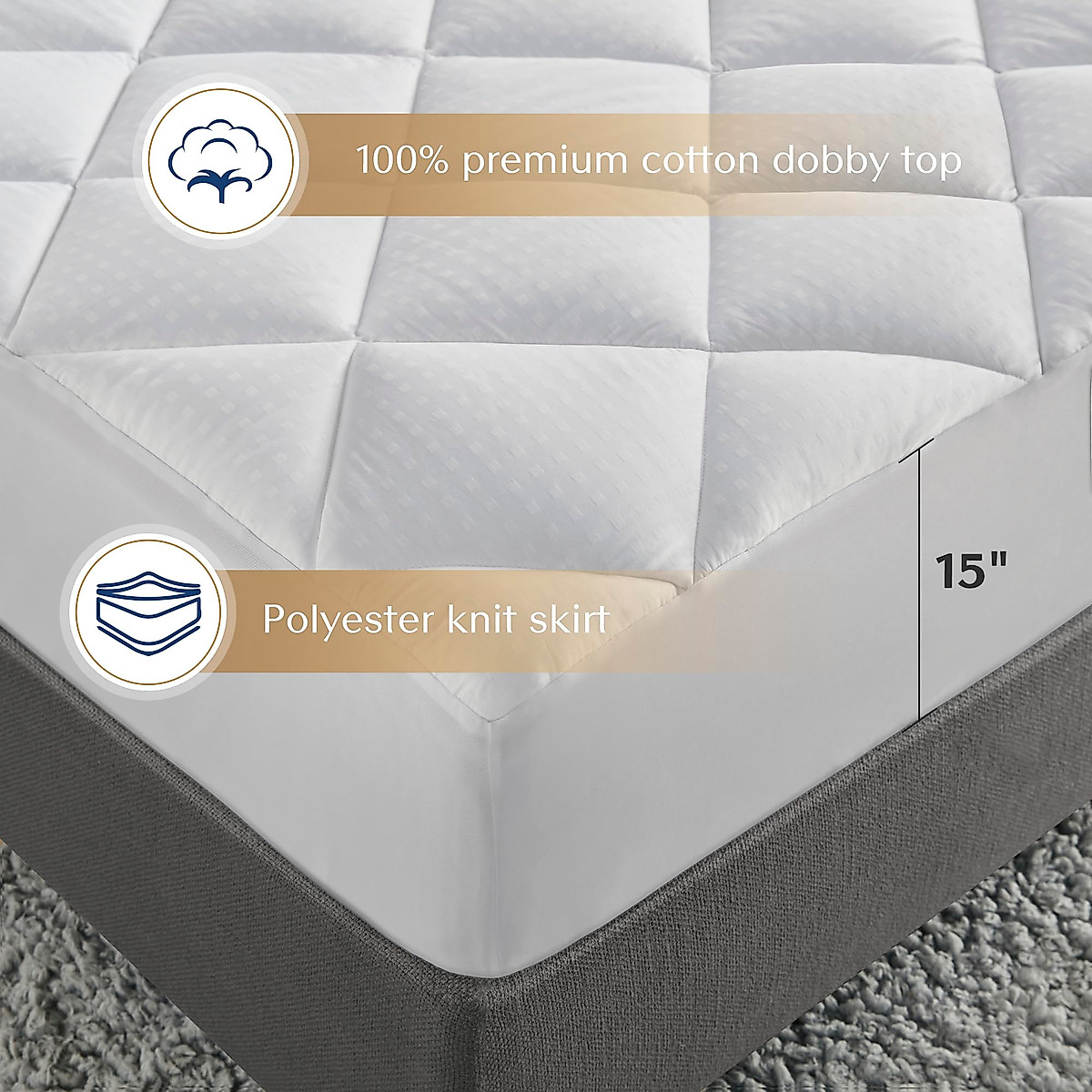 Croscill King Mattress Pad Cotton Bed Protector Waterproof Mattress Pad, Diamond Quilted Cover, Overfilled, Breathable Mattress Topper, Fitted Pocket Fits Up to 18", Easy Care, King, White