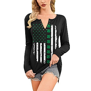 For G and PL St Patricks Day Graphic V-Neck Women's Outfits Casual Four Leaf Pullover Ireland Shirt Shamrock Flag M