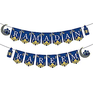 PTFNY Ramadan Kareem Banner Muslim Ramadan Mubarak Bunting Banner Garland Ramadan Kareem Decorations for Islamic Ramadan Eid Festival Celebration Mantle Fireplace Wall Party Decorations