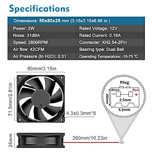 Wathai 80mm x 25mm 12 Volt Fans DC Brushless Cooling Fan 12V Dual Ball 2Pin for DIY Small Project Cooler 2 Pack