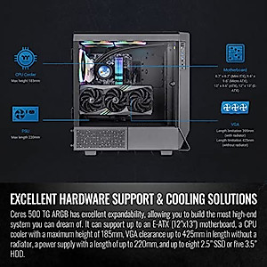 Thermaltake Ceres 500 Black Mid Tower E-ATX Computer Case with Tempered Glass Side Panel; 4 Preinstalled PWM ARGB Fans; Rotational PCIe Slots & GPU Holder; CA-1X5-00M1WN-00; 3 Years Warranty