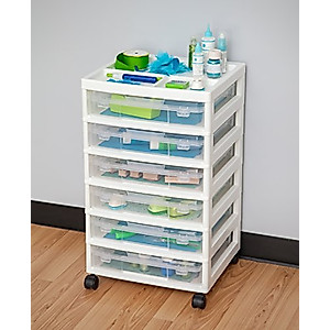 IRIS USA Fits 12" x 12" Paper, 6-Tier Scrapbook Rolling Storage Cart with Organizer Top for Papers Vinyl Tools Office Art and Craft Supplies, Yarn, White Frame with 6 Clear Cases w/ Built in Handle