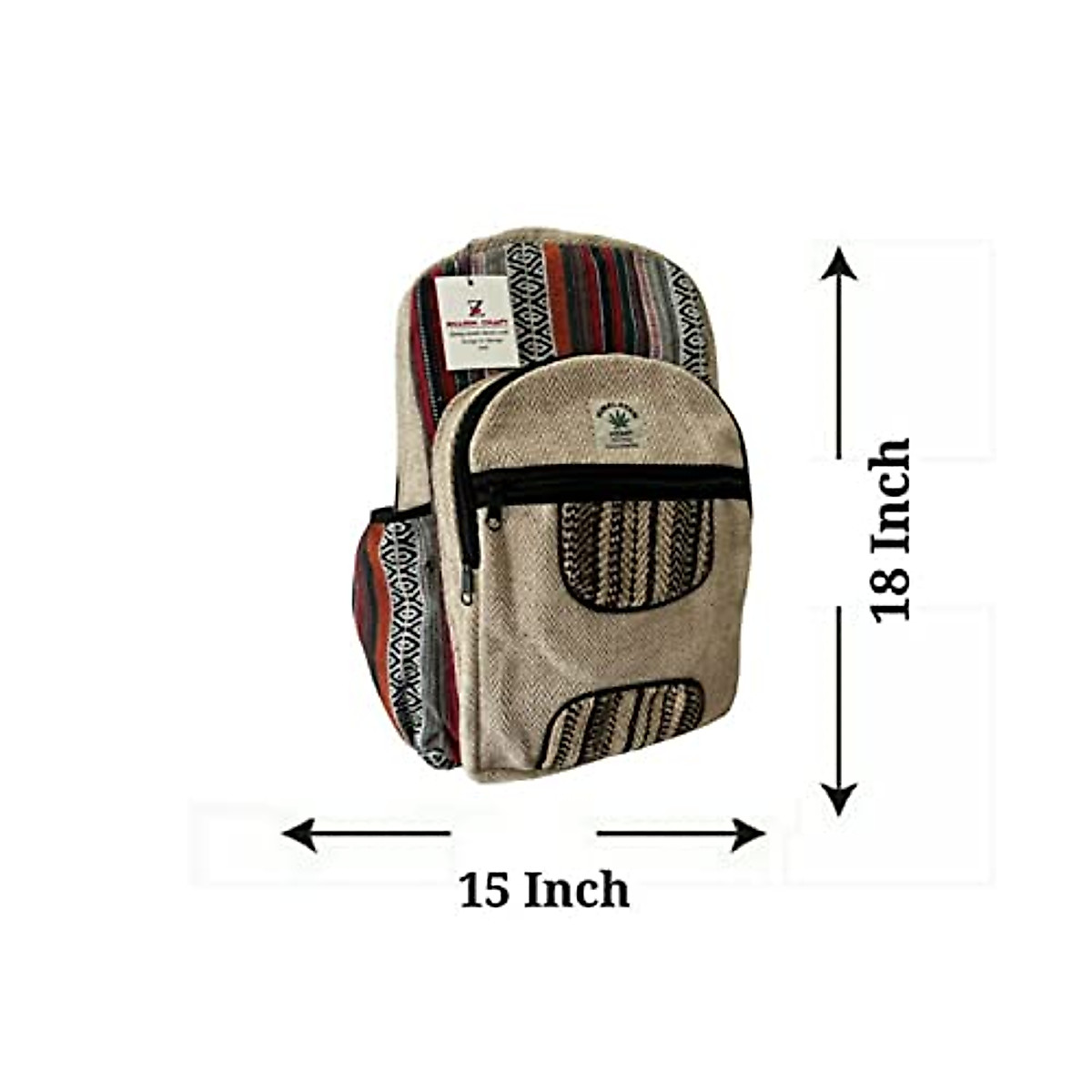 Zillion Craft Large Natural Hemp Back Pack for Men Women. Multi Color Hemp Fiber Multi Pocket Hand Made Bag. Unisex Design
