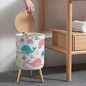 LGCZNWDFHTZ Small Trash Can with Lid for Bathroom Kitchen Office Diaper Cute Set sea Animals Collection Fish Crab Jellyfish Stingray Bedroom Garbage Trash Bin Dog Proof Waste Basket Cute Decorative