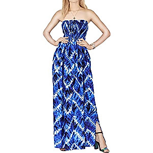 LA LEELA Women's Boho A line Smocked Strapless Dresses Evening Long Tube Top Slit Maxi Dress for Women One Size Azure, Zig Zag