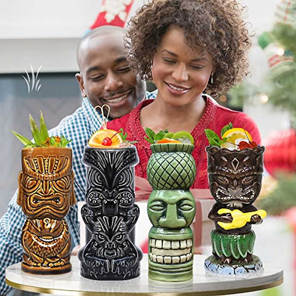 Tiki Glasses for Cocktails - Set of 4 Ceramic Tiki Mugs for Parties
