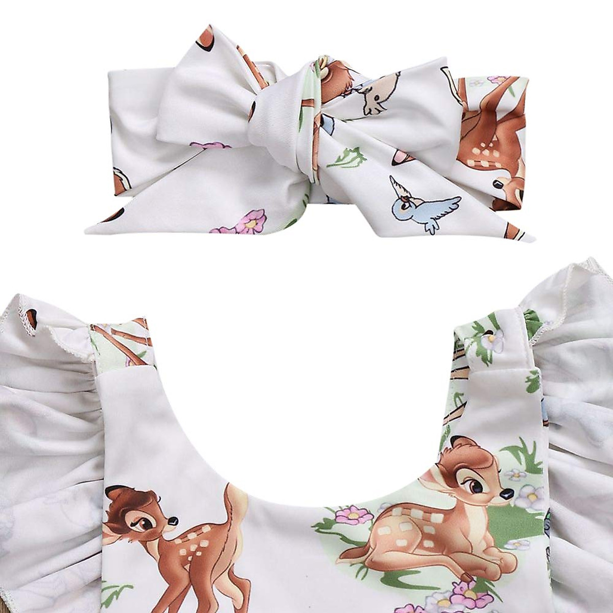 Newborn Baby Girls 1st Birthday Christmas Outfit Bambi Romper Ruffle Flutter Sleeve Bodysuit Summer Backless Sunsuit with Bowknot Headband Party Dress Clothes 2pcs Set for Photo Shoot White 0-6M