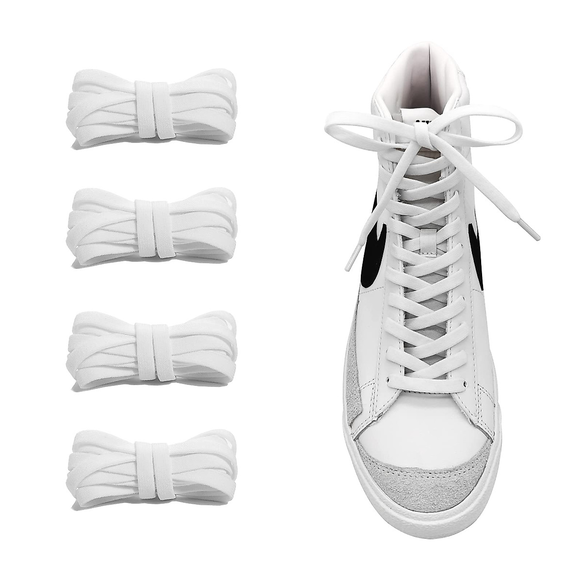 UamGlsob 2 Pairs 5/16" Flat Elastic Shoe Lace, 27"-72" Length Stretch Shoelaces Strings Replacement for Nike Blazer High Top Sneakers (New White, 54''/140cm)