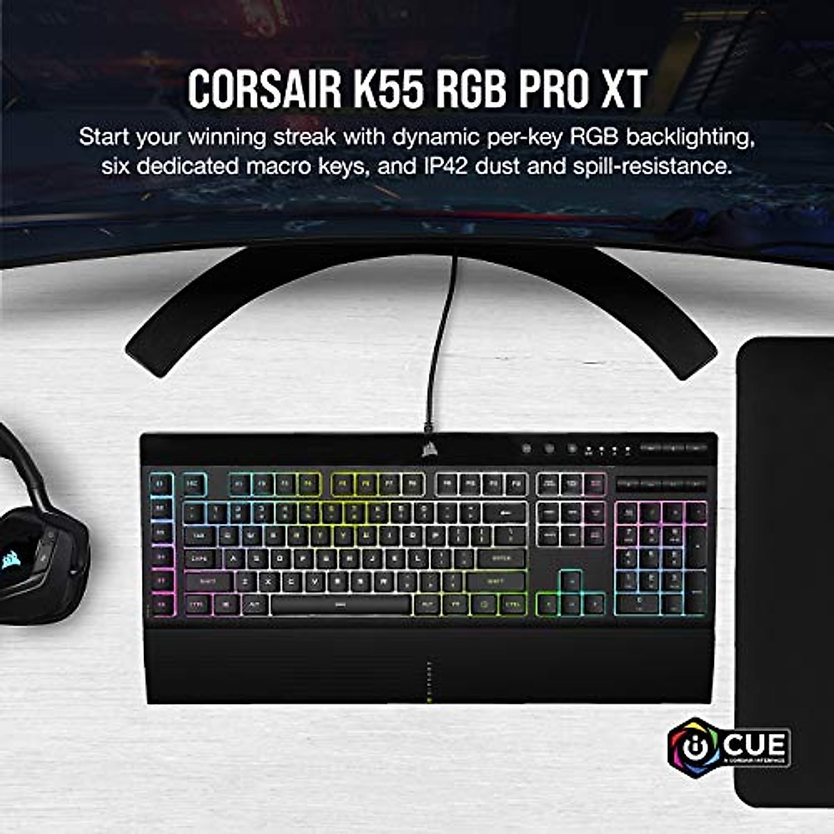 Corsair K55 RGB PRO XT - Dynamic Per-Key RGB Backlighting - Six Macro Keys with Elgato Stream Deck Software Integration-IP42 Dust and Spill-Resistant-Detachable Palm Rest-Media and Volume Keys-Black