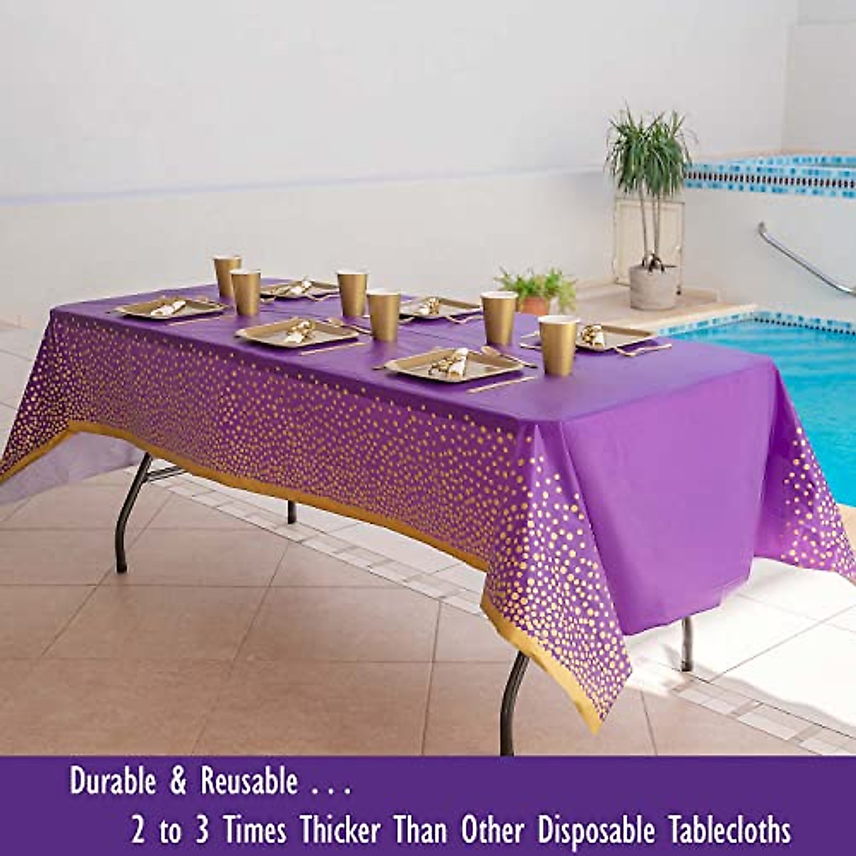 ZULADISE 2 Pack Purple Table Cloths for Parties Disposable Purple Plastic Tablecloth Premium 8ft Purple and Gold Tablecloth for Graduation, Birthday Party Table Cover for Rectangle Tables