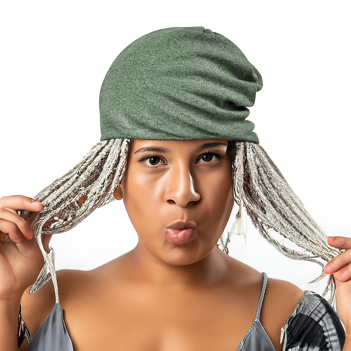 Jemis Women's Baggy Slouchy Beanie Chemo Cap for Cancer Patients (2 Pack ArmyGreen & Gray)