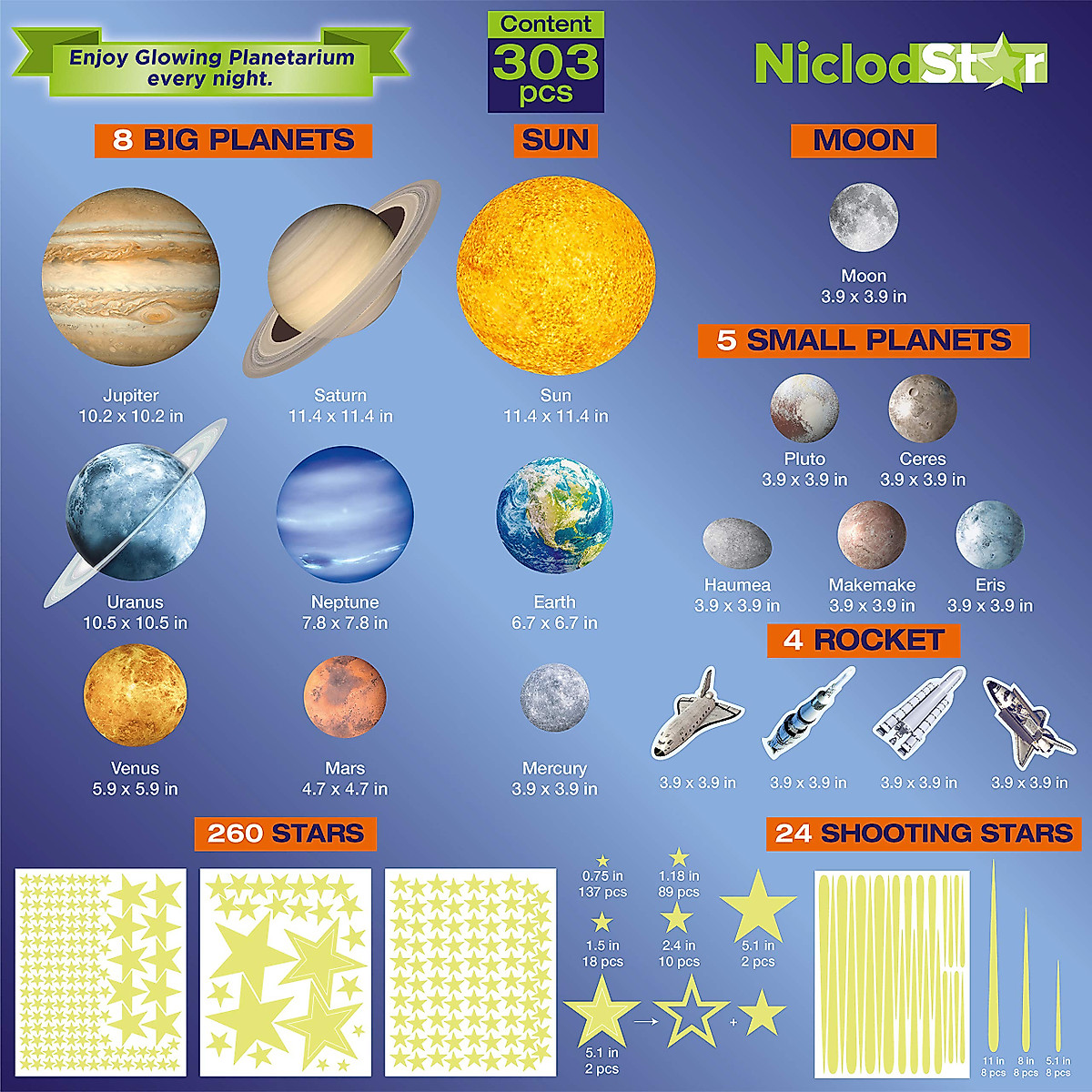 Glow in the Dark Stars and Planets for Ceiling – 303 Solar System Wall Stickers Room Decor, Outer Space Decals, Glowing 14 Planets 1 Moon 4 Rockets 24 Shooting Star 260 Stars Kids Boys Room Decoration