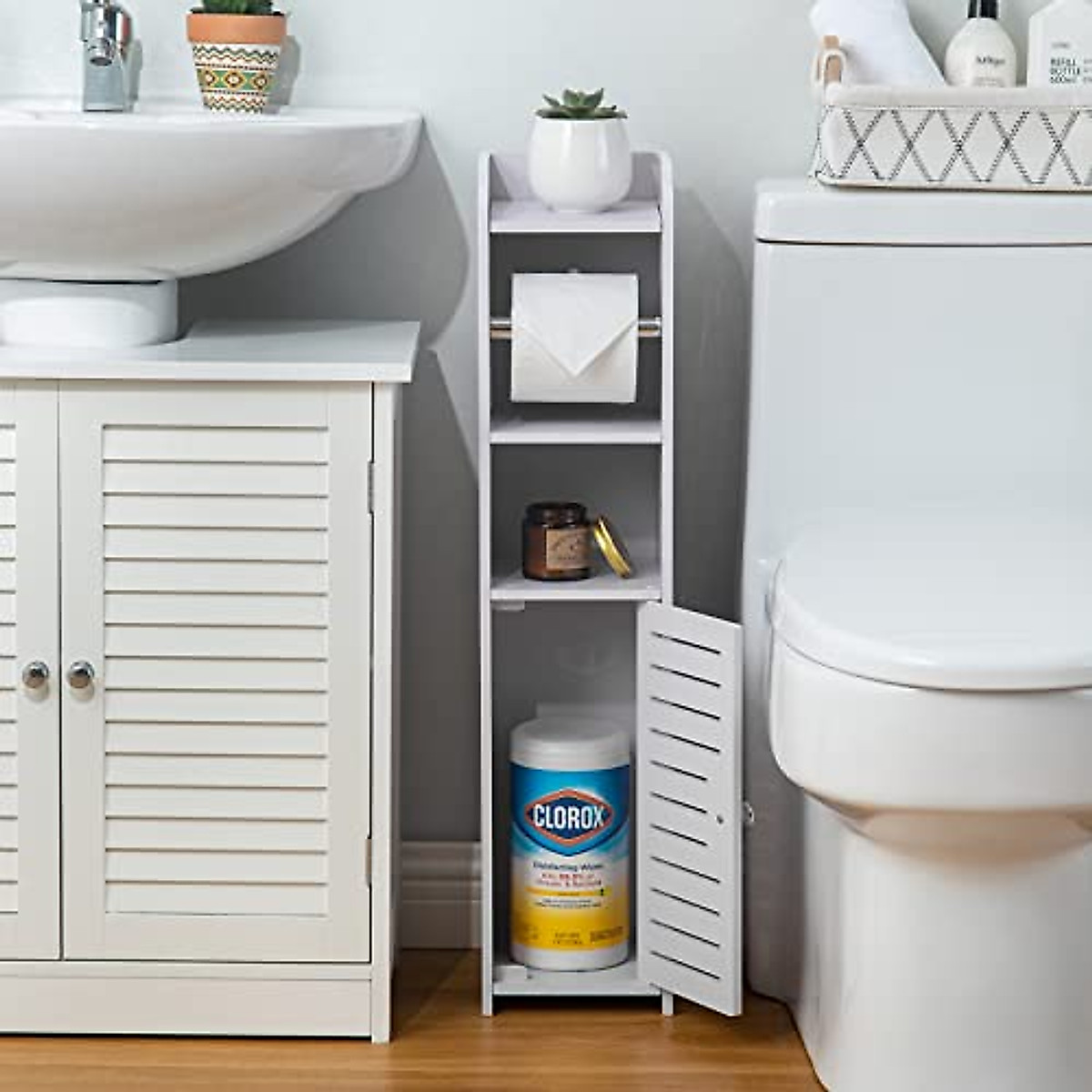 Toilet Paper Holder Stand,Bathroom Storage Cabinet Beside Toilet Storage for Small Bathroom,Bathroom Storage Cabinet with Toilet Roll Holder,Toilet Paper Stand for Small Space,White by AOJEZOR