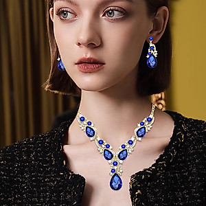 CSY Luxury Austrian Crystal Necklace Earrings Rhinestone Bridal Wedding Party Costume Jewelry Sets for Brides Bridesmaids Women (Royal Blue-Gold Tone)