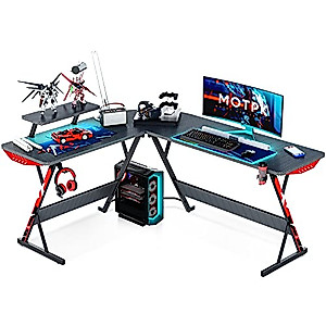 MOTPK L Shaped Gaming Desk 58 Inch, Gaming Computer Desk L Shape with Carbon Fiber Surface, Gamer Desk Gaming Table with Monitor Shelf, Cup Holder & Headphone Hook, Black
