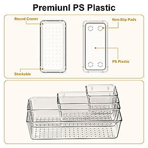 25 PCS Drawer Organizer Set Clear Plastic Acrylic Organizers Desk Drawer Dividers Trays 4 Different Sizes Large Capacity Bathroom Drawer Organizer for Makeup, Jewelries, Kitchen Utensils and Office