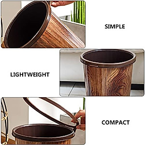 Angoily Trash Can with Pressing Ring 10L Imitation Wood Grain Waste Basket Garbage Can Rubbish Bin Flower Pot Toys Bucket for Home Office Brown