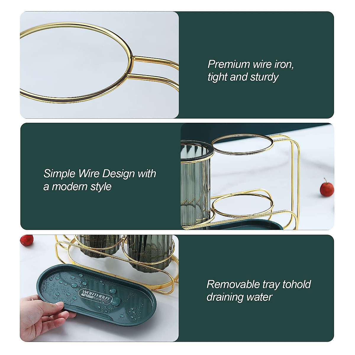 WORTHBUY Silverware Organizer Flatware Utensil Caddy Stainless Steel Kitchen Utensil Holder Cutlery Holder with DrainTray for Kitchen Countertop 2 Compartments(Gold)