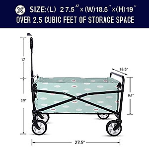 Collapsible Wagon Cart Seamless of White Dots and Pink Hearts on Pastel Green Foldable Utility Wagon Large Capacity Garden Cart with Push Bar for Beach Camp Outdoor Shopping