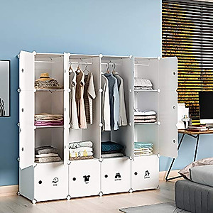 KOUSI Portable Wardrobe Closet for Bedroom Clothes Armoire Dresser MultiFuncation Cube Storage Organizer, White, 10 Cubes 2 Hanging Sections