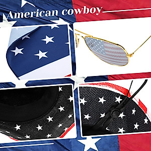 Jeere 3 Pcs American Flag Cowboy Hat with Bandana and Glasses Vintage Outdoor USA Hats with Strap Western Party Memorial Day(USA Flag)