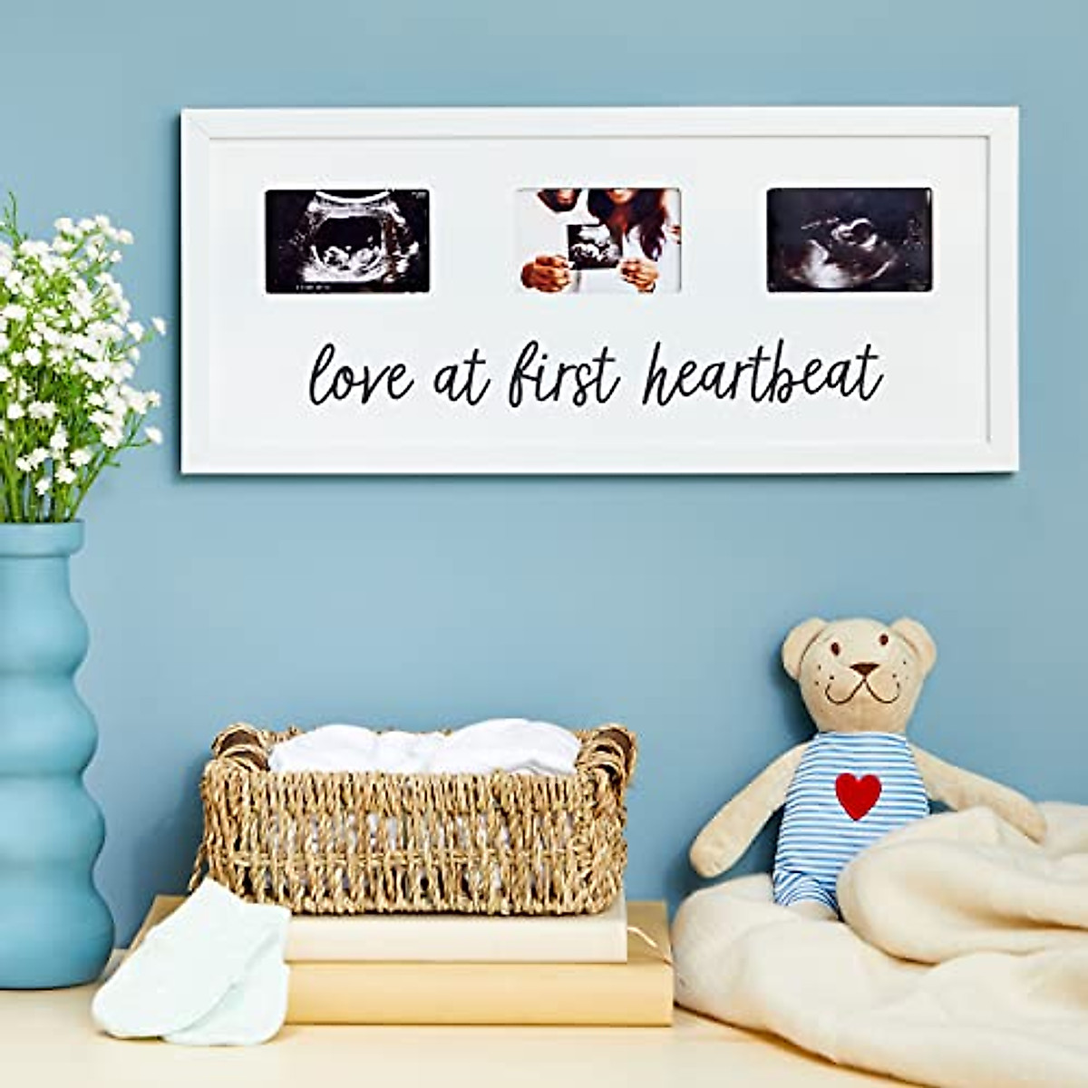 Juvale Baby Sonogram Picture Frame for 3 Ultrasound Photos, Love at First Heartbeat (17 x 7.5 x 0.5 In, White)