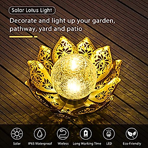 GIGALUMI Solar Lights Outdoor Garden Decor, Adjustable Metal Petal Lotus Flower Lights Crackle Globe Glass Lantern Outdoor Table Decor Waterproof for Patio, Lawn, Pathway, Pond, Christmas Gift