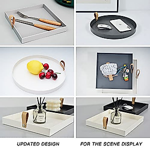 Tynulox Plastic Serving Tray with Leather Handle, Round, Black,10.2x10.2x1 Inch, 1 Pcs