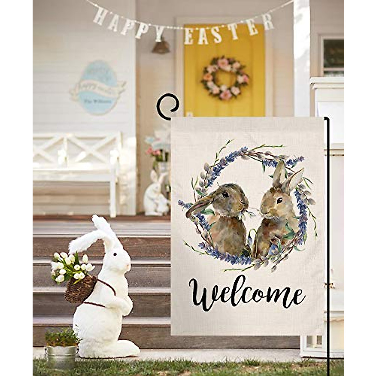Spring Easter Bunny Lavender Welcome Garden Flag Vertical Double Sided Burlap Yard Rabbit Wreath Outdoor Decor 12.5 x 18 Inches