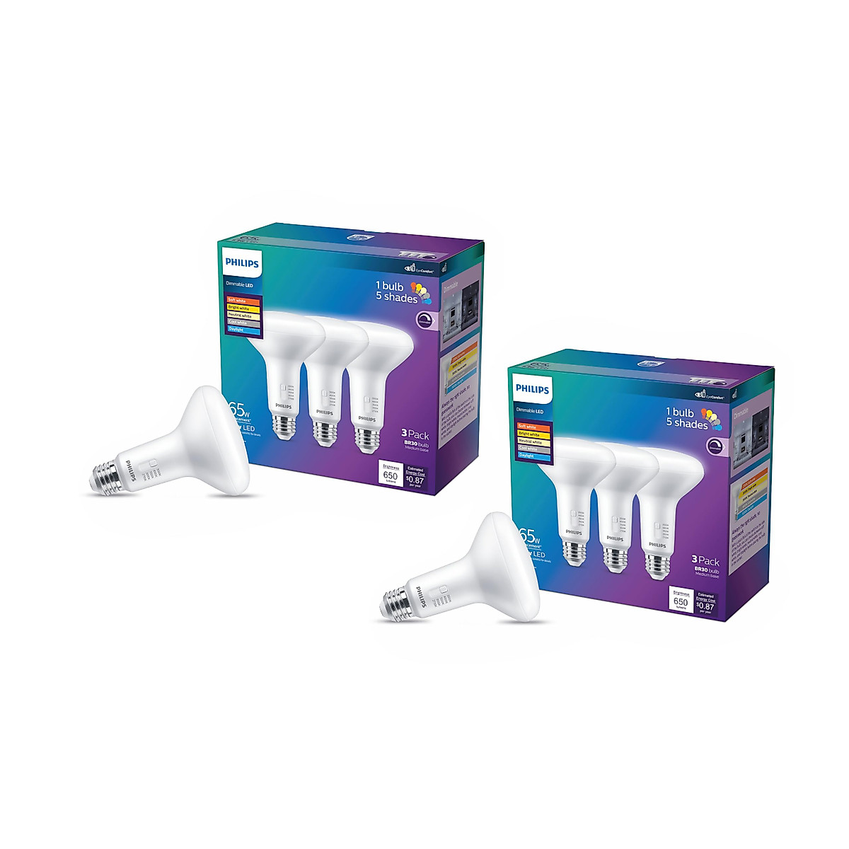 PHILIPS BR30 Dimmable LED Spotlight Bulbs - Flicker Free Light Bulb with EyeComfort Technology - Selectable White - E26 Base - 6 Pack