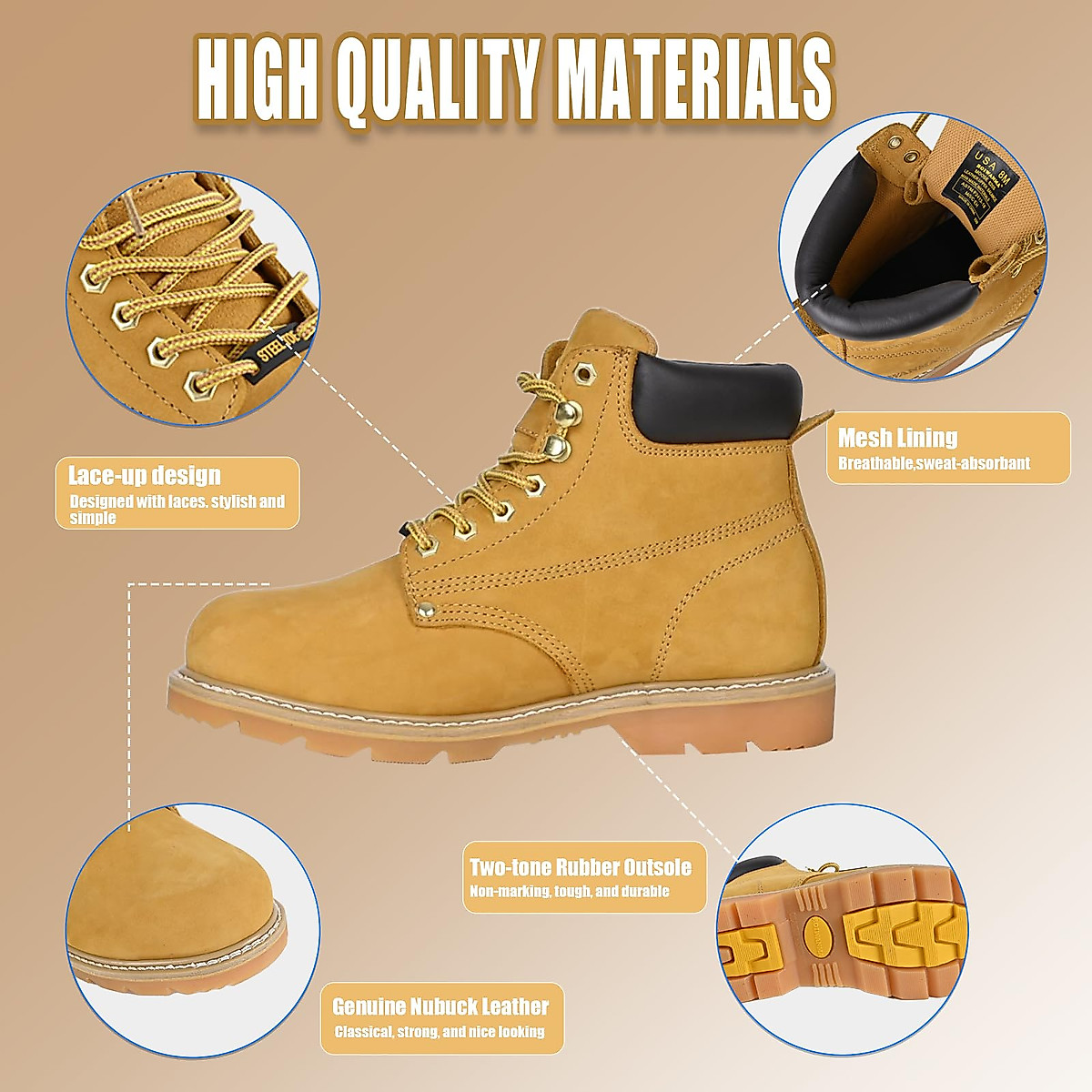 BOIWANMA Work Boots for Men, Steel Toe Leather Safety Boots, Oil, Slip and Heat Resistant Heavy Duty Wide Industrial & Construction Boots, US 12