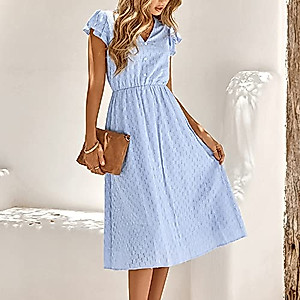 Sun Dress, Long Sleeve Tight Dress Spring Dresses for Women Casual Summer Dress Women's Solid Color V-Neck Ruffle Waist-Skimming Dress A Wedding Women's Maxi Dresses T Shirt Dress (L, Blue)