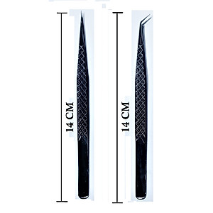 Lash Tweezers for Eyelash Extensions | Stainless Steel - Diamond Grip Straight & 45 Degree Volume | Tip with Free Mirror for Women, Makeup, Lashing, Fans Professional Tool Kit 14 cm Black