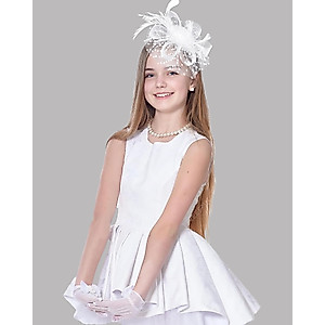 5 Pack White Fascinator for Gril Tea Party Headband Derby Hat Lace Gloves ewelry Pearl Bracelet Earrings Set for 1920s Party