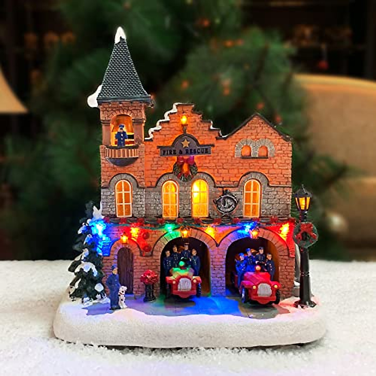 MOMENTS IN TIME Christmas Village Building, Fire Station with LED Lights, Christmas Music, and Animation - Power Adapter (Included)