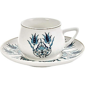 KARACA İznik New Form Set of 6 Coffee Cups 90 cc, Small Porcelain Espresso Cups and Saucers, Turkish Coffee Cup, Set of 6 Demitasse Cups 3 oz Ounce for Specialty Coffee Drinks, Single/Double Espresso