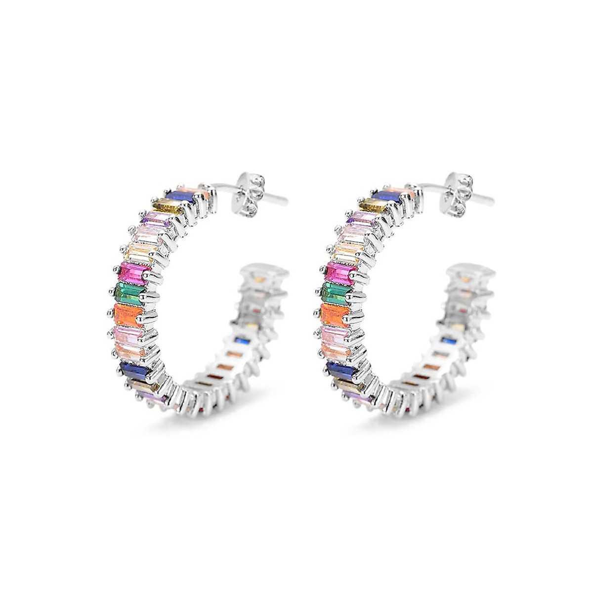Savlano 14K Gold Plated Cubic Zirconia Multicolor Rainbow Round Hoop Stud Earrings for Women Comes with a Gift Box (White)