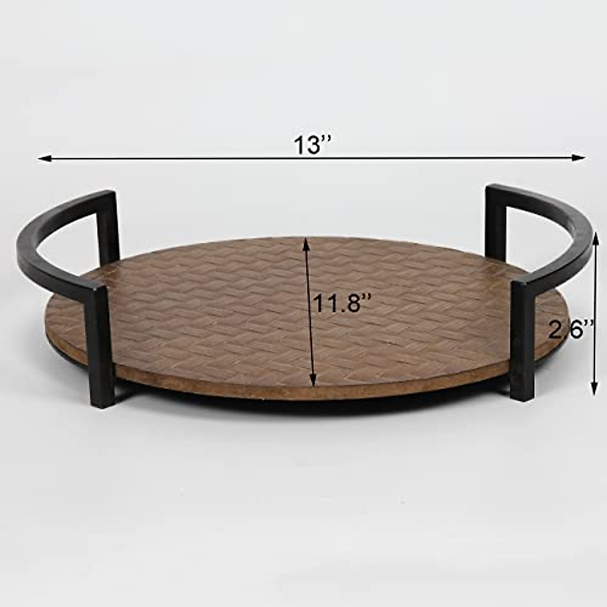 Farmhouse Round Decorative Tray，Wood Serving Tray with Metal Handles, Rustic Ottoman Coffee Table Accent Tray, Centerpieces for Table (Natural Brown)