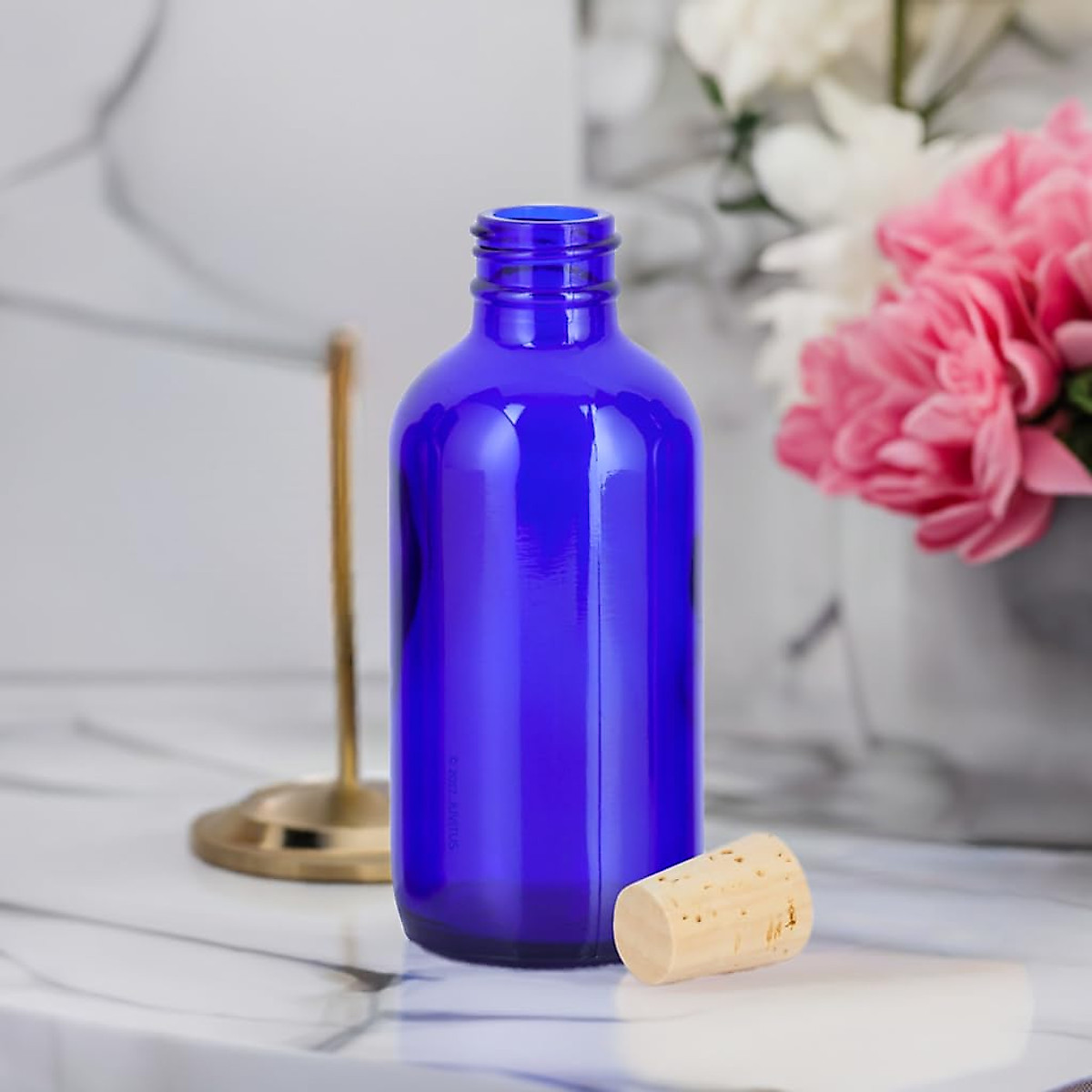 JUVITUS (4 Pack) 8 oz Cobalt Blue Boston Round Thick Plated Glass Bottle with Cork Stopper