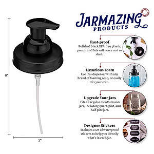 Jarmazing Products Mason Jar Foaming Soap Dispenser Lids - Includes Waterproof Stickers! Black - 2 Pack