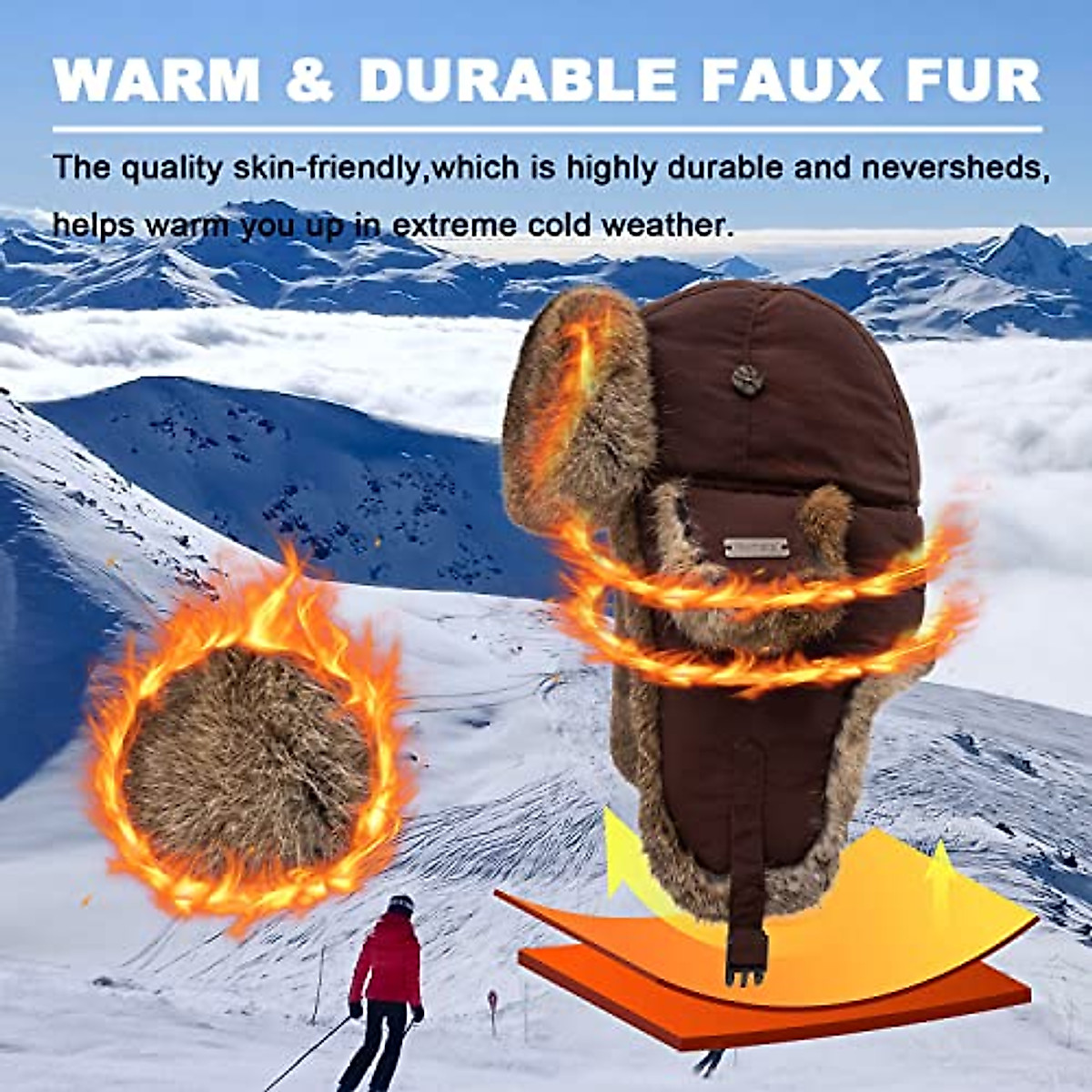 Winter Trapper Hat for Men Women Russian Fur Winter Ushanka Hat Men Aviator Bomber Hat with 100% Rabbit Fur Mens Trapper Hat Brown