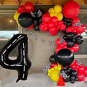 Race Car Birthday Balloon Number 4-40 Inch Big Foil Mylar Racetrack Black 4 Balloon for Boys 4th Birthday Party Decorations Racing Car Theme Party Supplies Anniversary Celebrations Decor