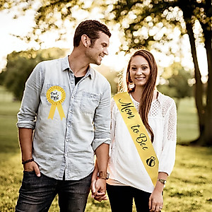 Ripakiya 2Packs Baby Shower Decorations Yellow Mom to Bee Sash and Dad to Bee Tinplate Badge with Cute Bee Pattern Baby Welcome Party Gifts