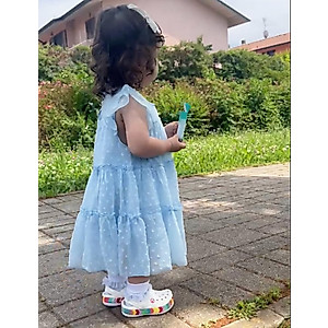 AGQT Toddler Girls Summer Dress Loose Fit Swiss Dots Flowy Pleated Dress Ruffle Babydoll Birthday Chiffon Dress Ligh Blue Size 1-2T
