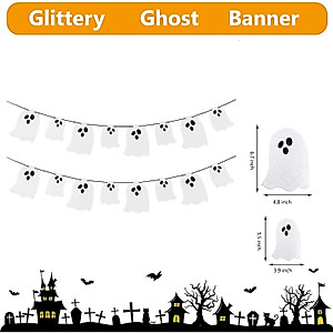2pack Glittery Halloween Ghost Banner with 24pcs 3D Scary Bat Stickers for Halloween Decoration Haunted Houses Doorways Indoor Outdoor Mantel Wall Decor