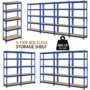 Topeakmart 4 PCS 5-Tier Utility Shelves, Metal Storage Shelves Garage Shelving Unit Adjustable Garage Storage Shelves Storage Racks Heavy Duty Shed Shelving- Blue, 27.5 x 12 x 60 Inch