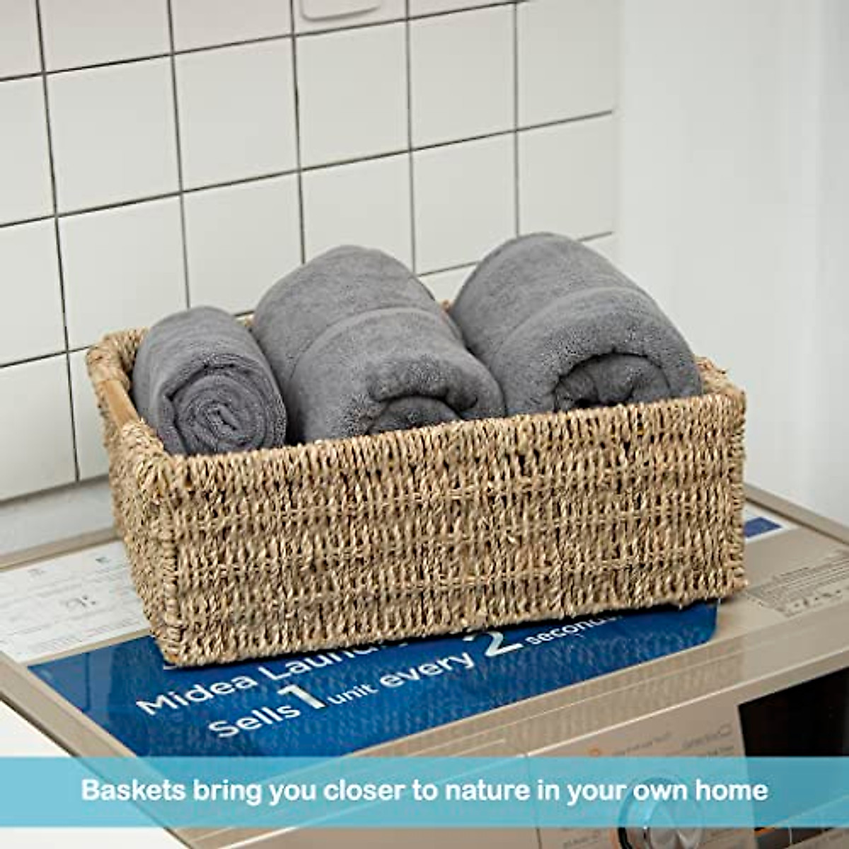 Large Wicker Basket Rectangular with Wooden Handles, Seagrass Basket Storage, Natural Baskets for Organizing, Wicker Baskets for Shelves 15.5 x 10.6 x 5.5 inches